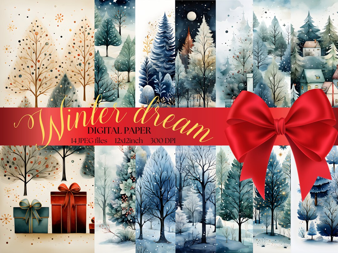 Watercolor Winter Forest Digital Paper Watercolor Christmas Clipart ...