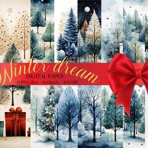 Watercolor Winter Forest Digital Paper Watercolor Christmas Clipart ...