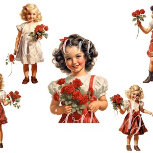 Retro Girl With Red Roses Clipart Bundle Retro Girl Clipart Summer ...