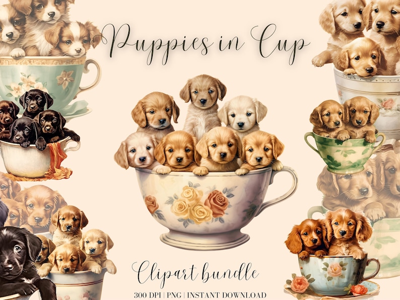 Watercolor Puppies in Cup Clipart Bundle, Doglover Clipart, Best Friend ...