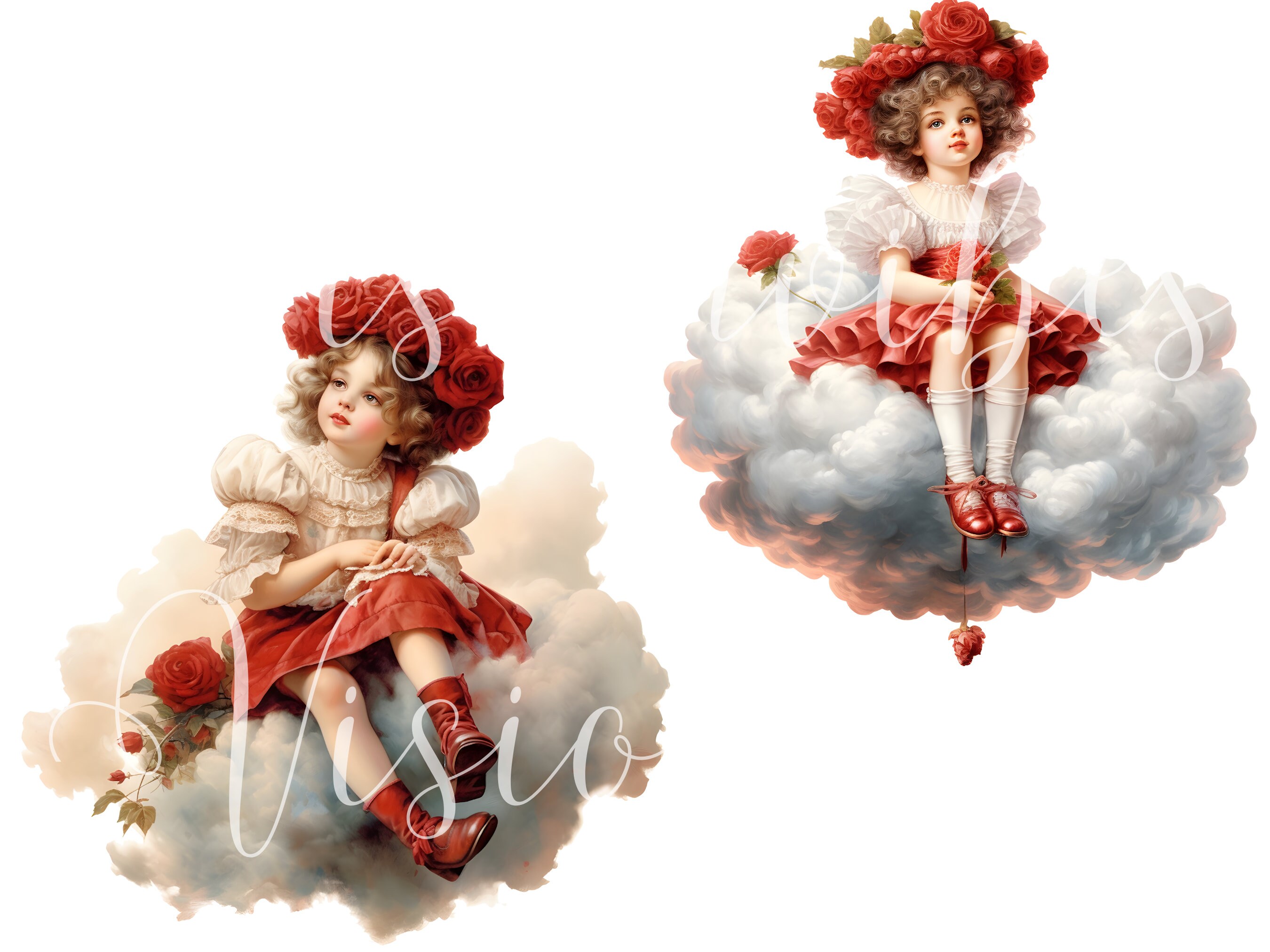 Vintage Girl With Ruby Red Roses Clipart Bundle Clouds Clipart - Etsy ...