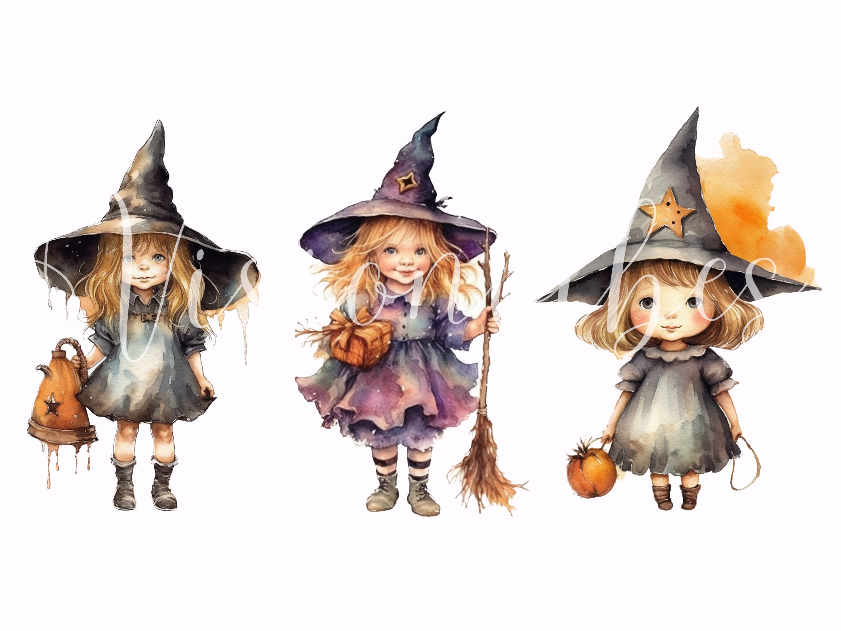 Little Witch Clipart Bundle Watercolor Witch Clipart Cute Halloween ...