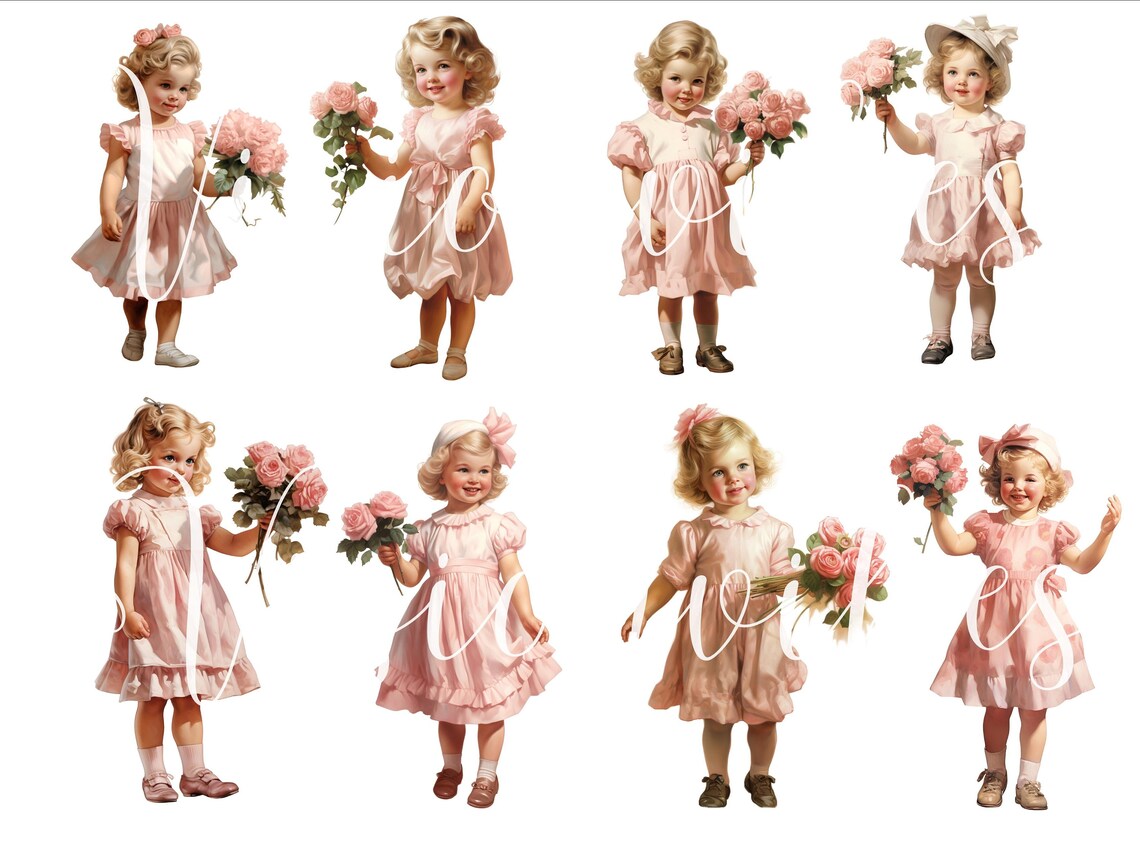 Vintage Girl With Pink Roses Clipart Bundle Retro Girl Clipart Summer ...