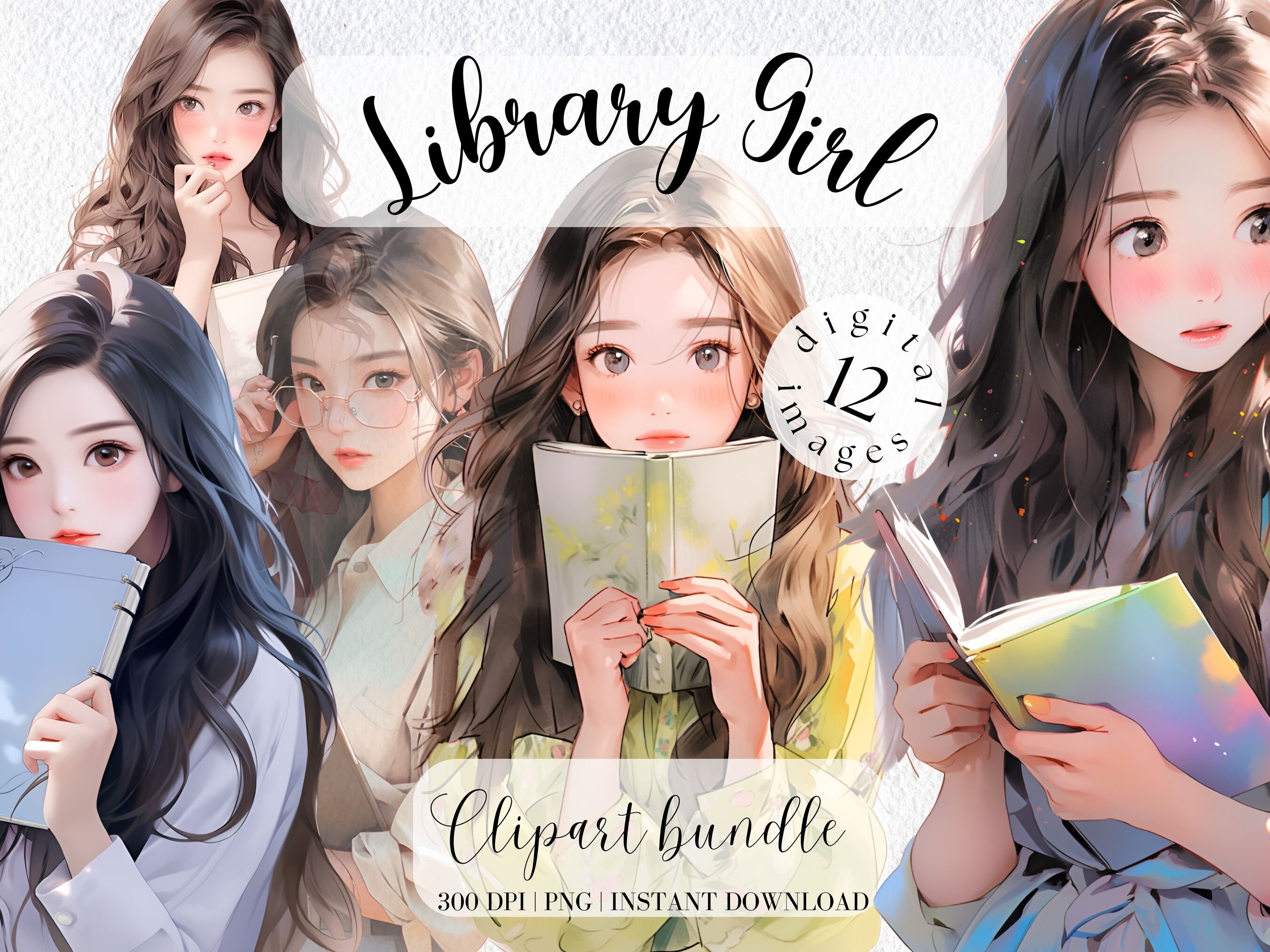 Asian Book Lover Clipart Book Clip Art Watercolor Cute Girl Clipart ...