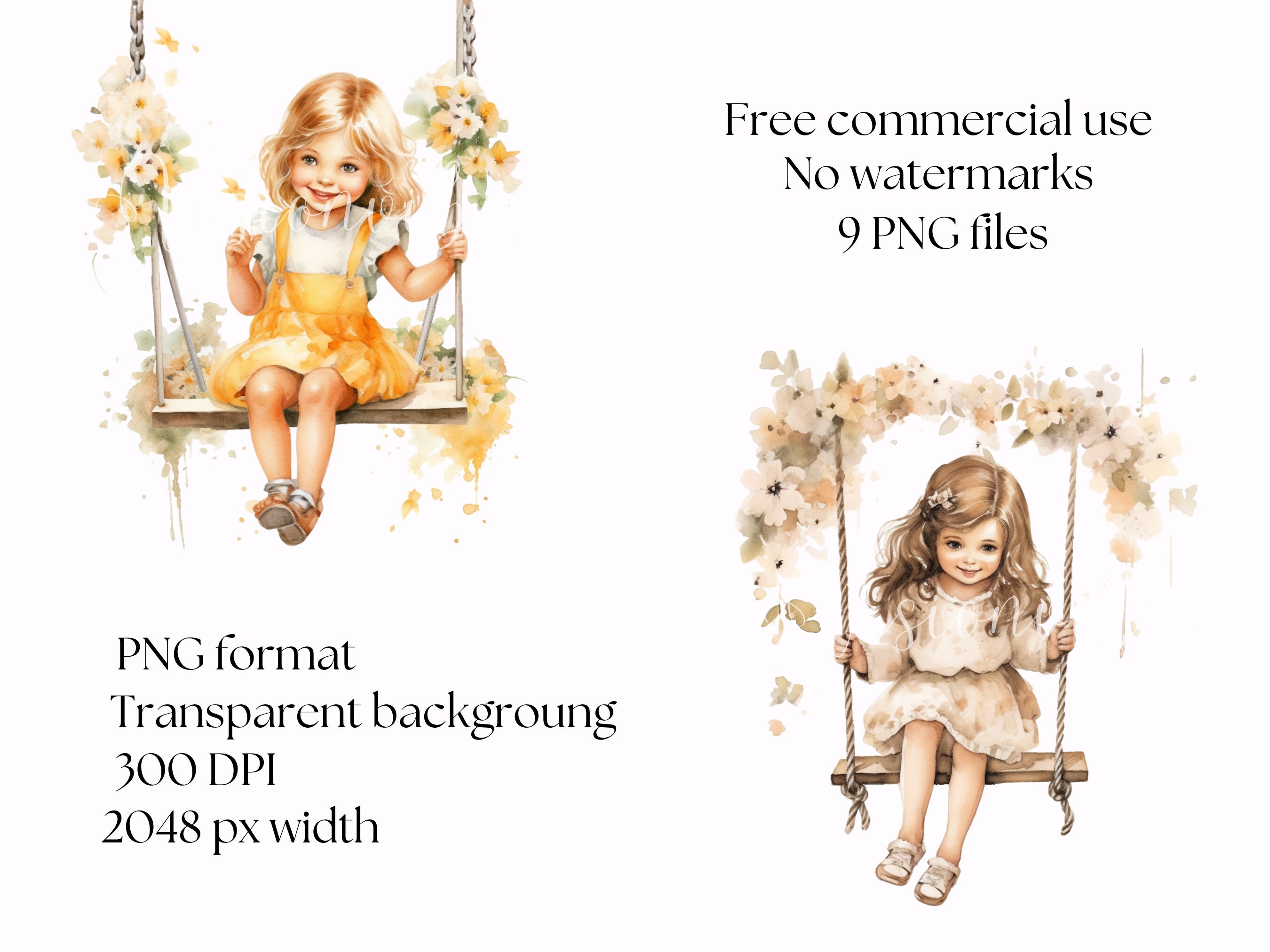 Girl on Swing Watercolor Clipart Girl on Swing Digital Download ...