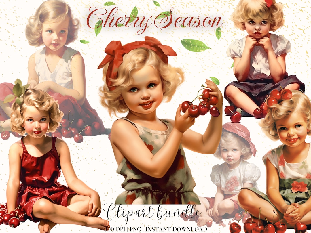 Retro Girl With Cherry Clipart Bundle Retro Girl Clipart Summer Clipart ...