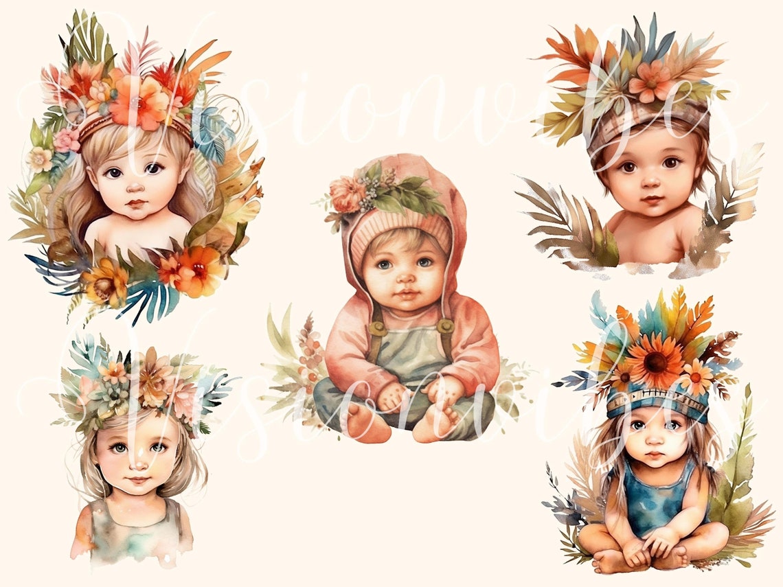 Watercolor Boho Baby Clipart Bundle Cute Baby Boho Boy Boho Girl ...
