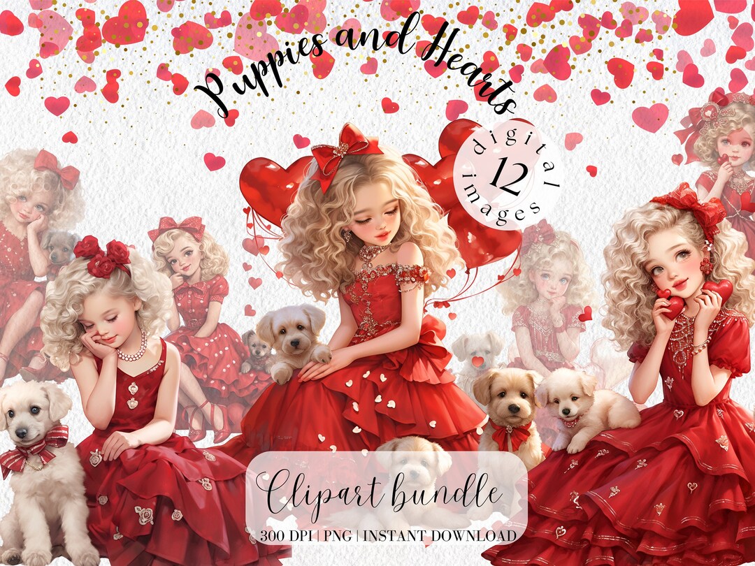 Valentines Day Clipart Bundle Cute Little Valentine Girl and Puppy ...