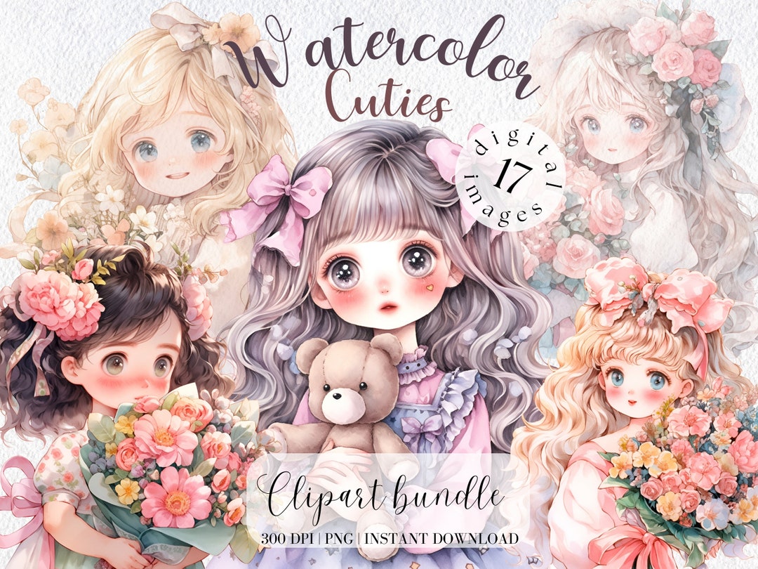 Cute Little Girl Clipart Watercolor Girl Clipart Bundle Floral Girl ...