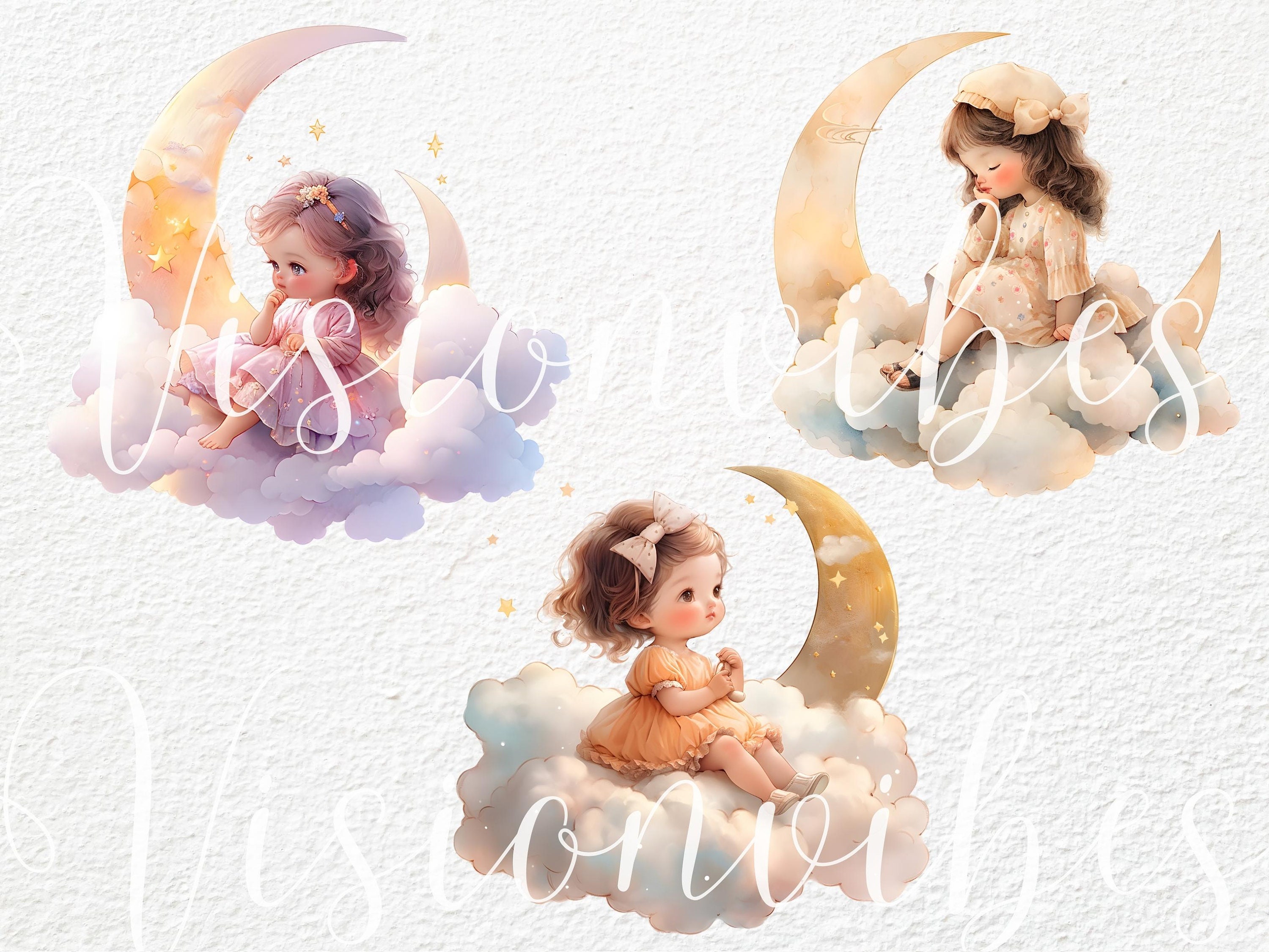 Cute Little Girl in Clouds Clipart Bundle Good Night Clipart Sleepy ...