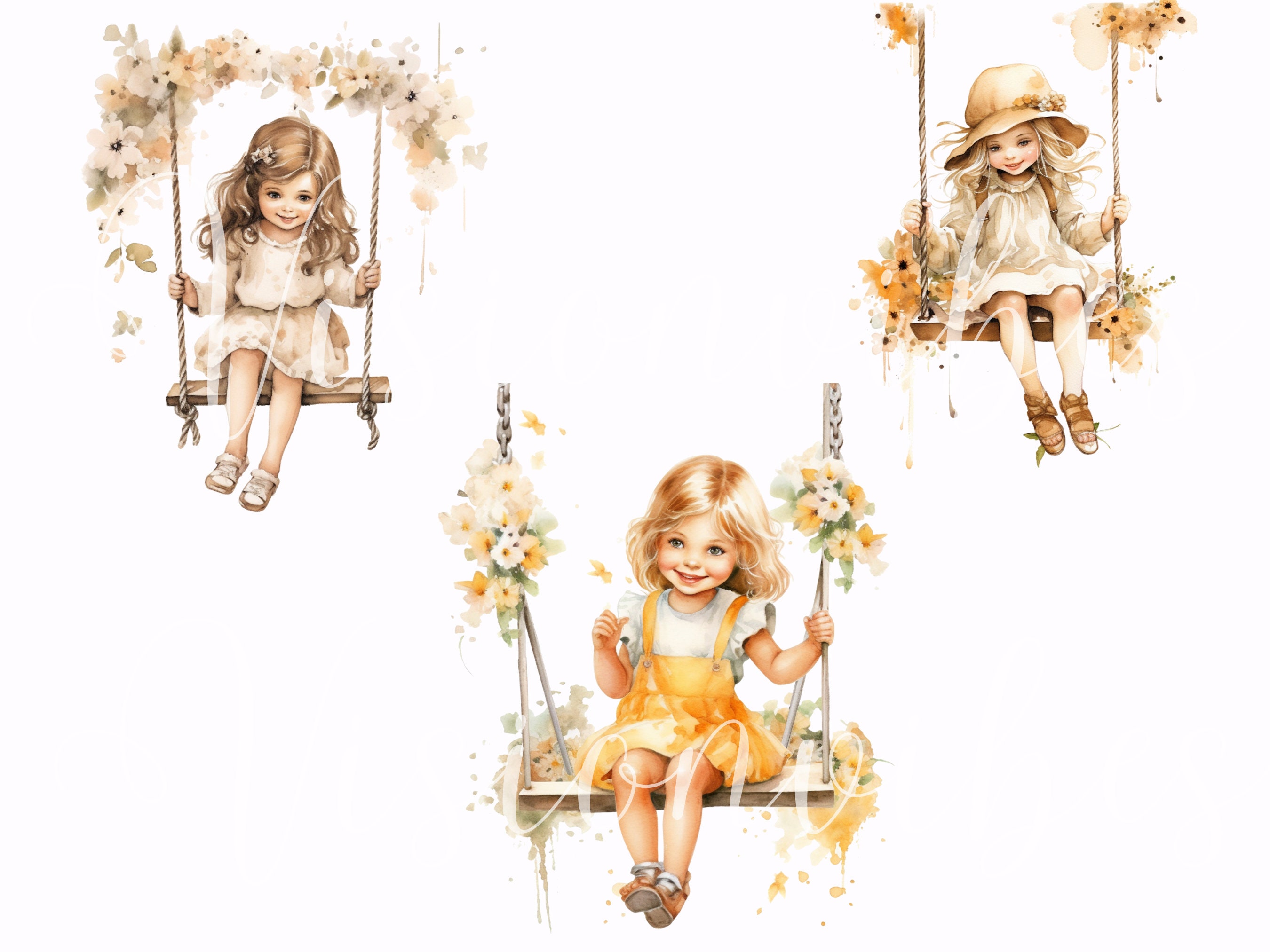 Girl on Swing Watercolor Clipart Girl on Swing Digital Download ...