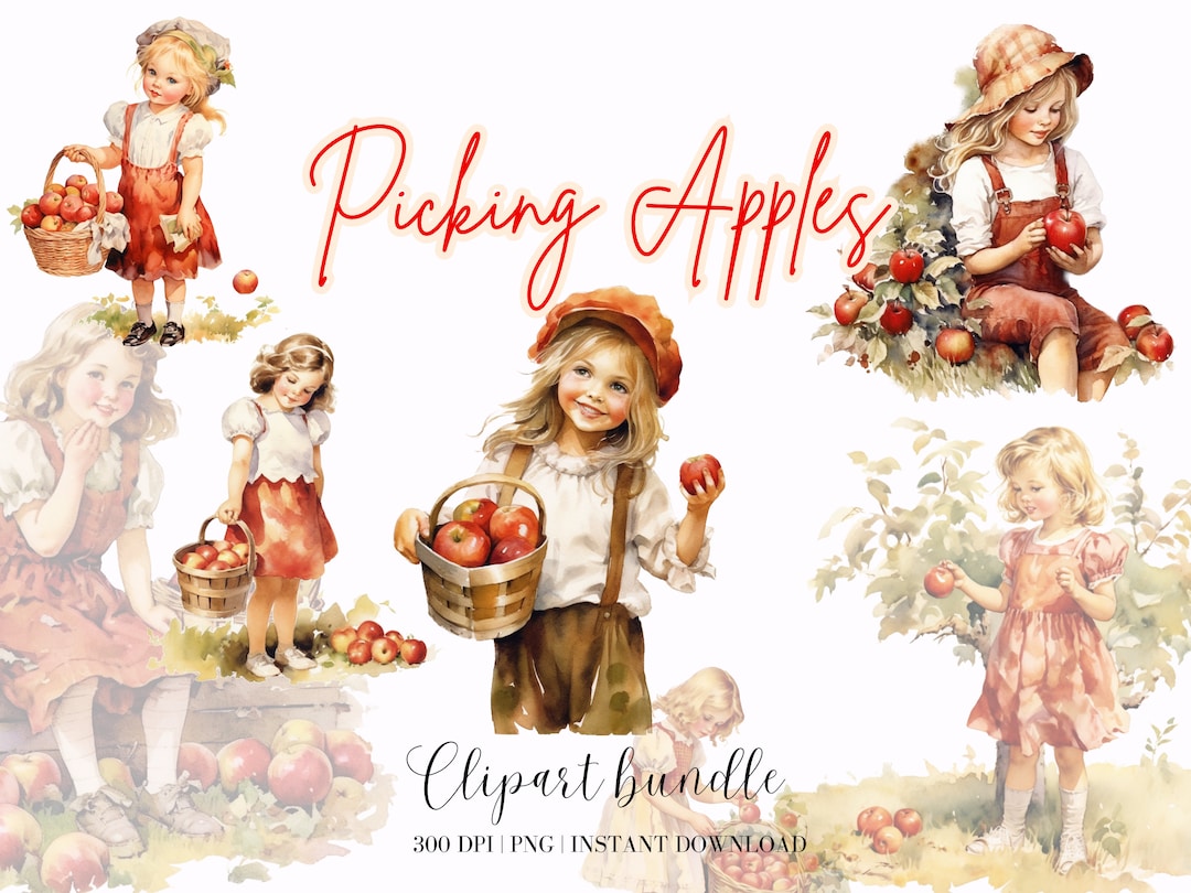 Vintage Girl Picking Apples Clipart Bundle Vintage Girl Digital Image ...