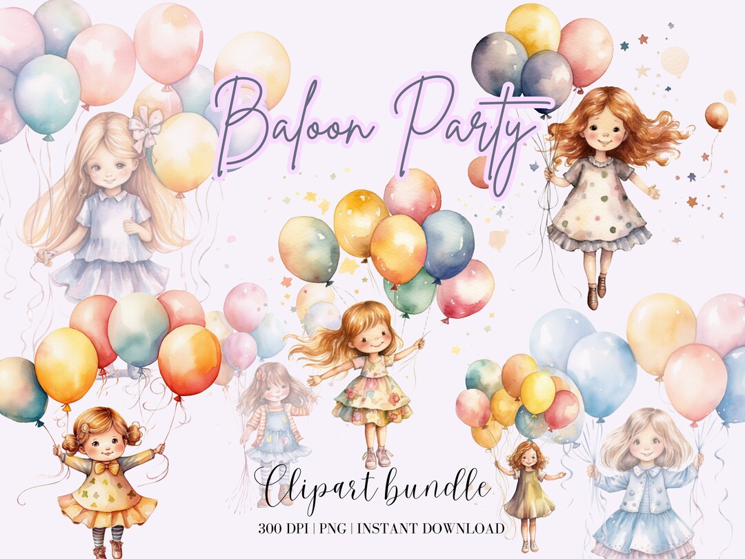 Girl With Balloons Watercolor Clipart Bundle Watercolor Girl and ...