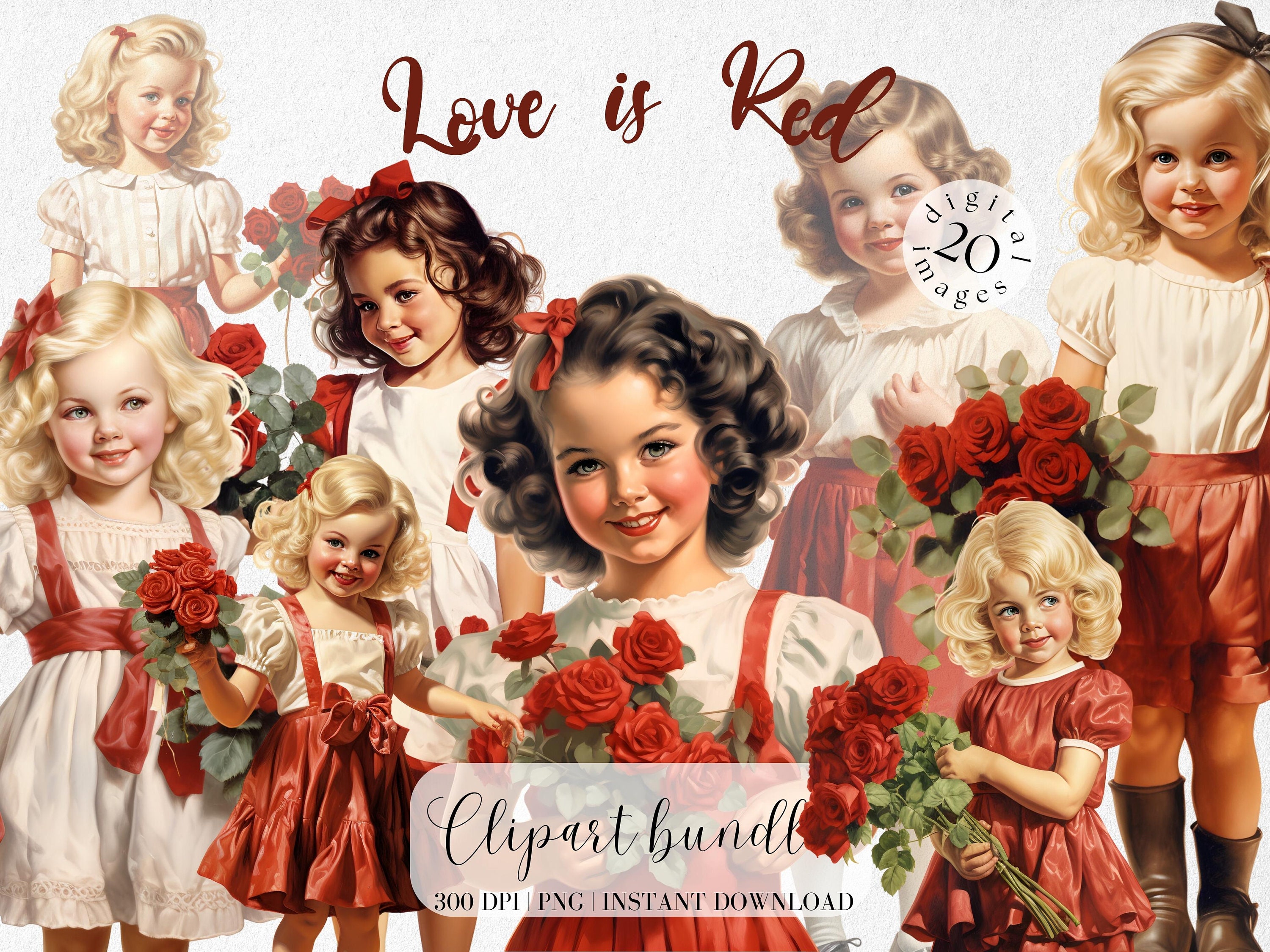 Retro Girl With Red Roses Clipart Bundle Retro Girl Clipart Summer ...