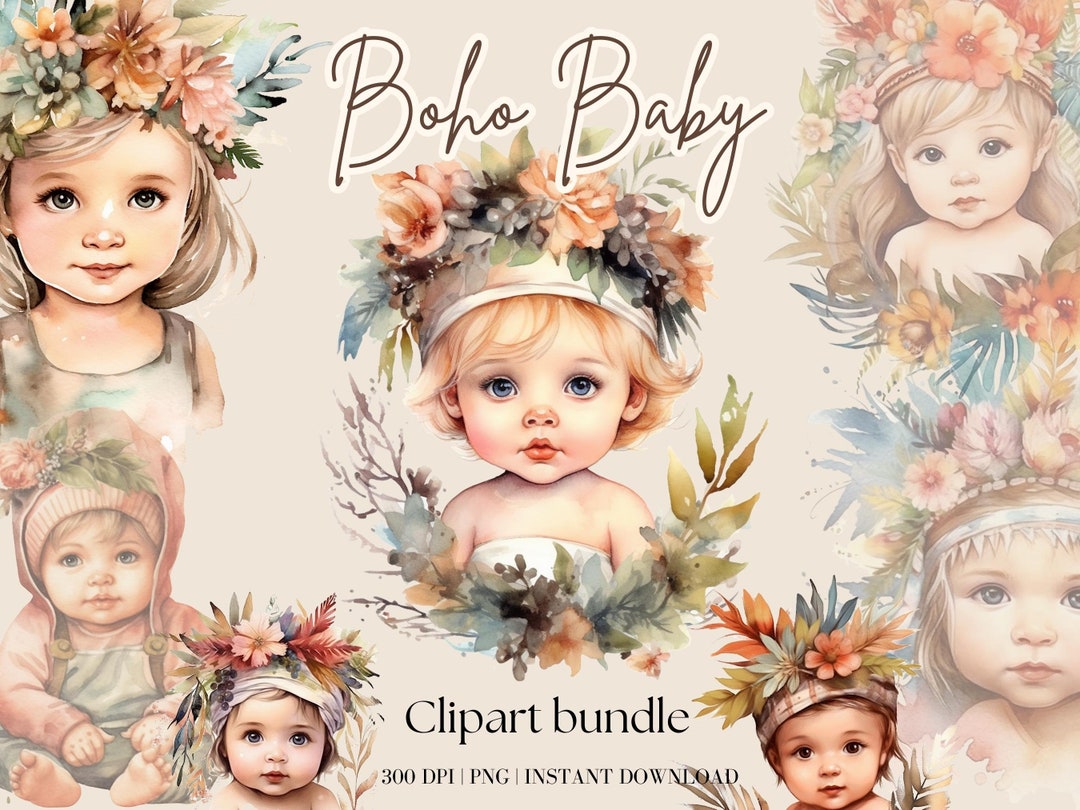 Watercolor Boho Baby Clipart Bundle Cute Baby Boho Boy Boho Girl ...