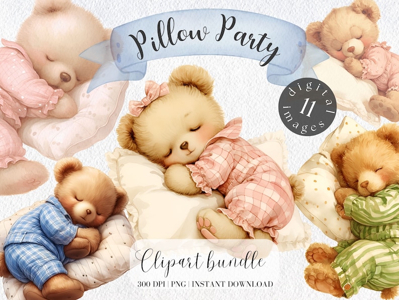 Teddy Bear Sleeping on a Pillow Clipart Bundle Watercolor Bear Pink ...