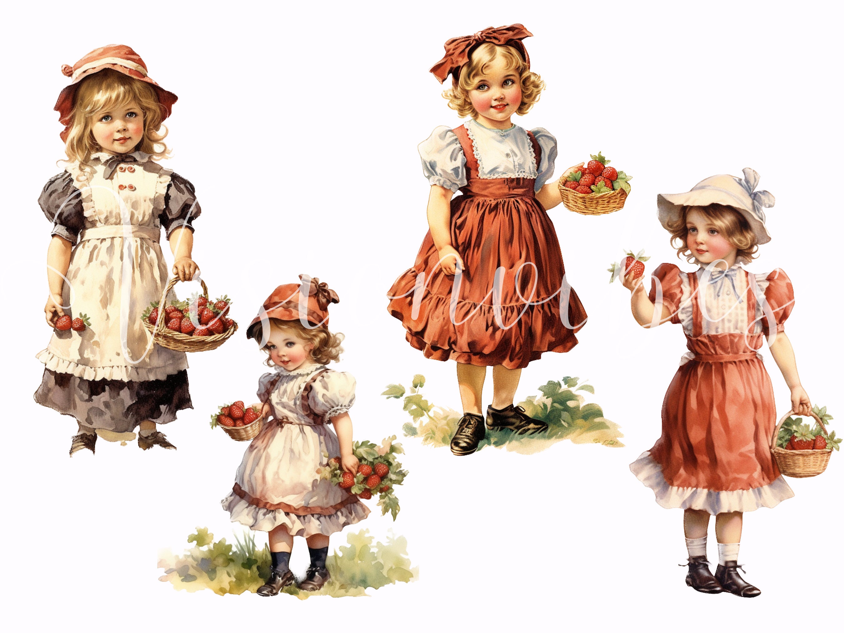 Vintage Girl Picking Strawberries Clipart Bundle | Vintage Girl Digital ...