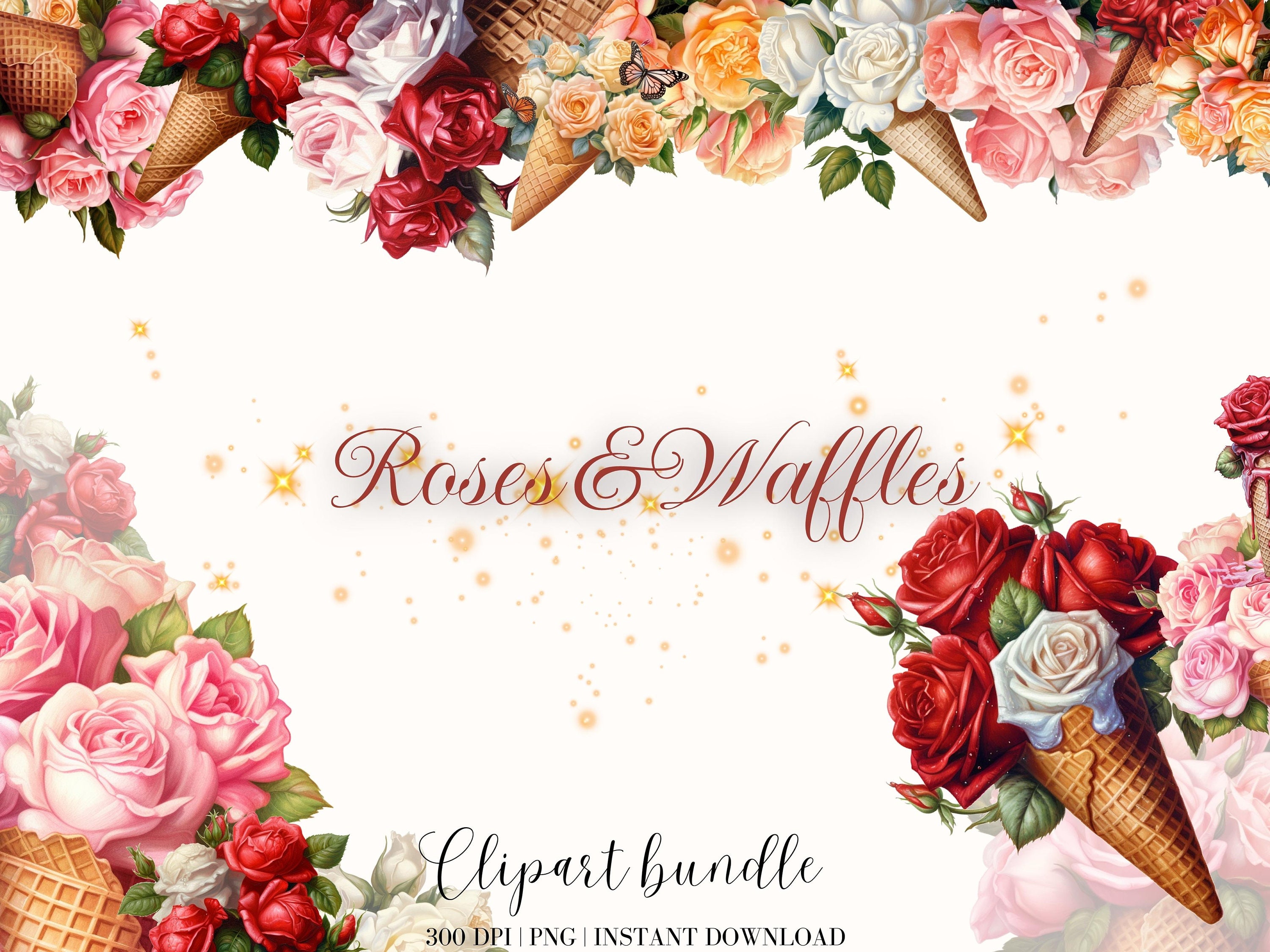 Roses in Waffle Cones Watercolor Clipart Bundle Roses Digital - Etsy