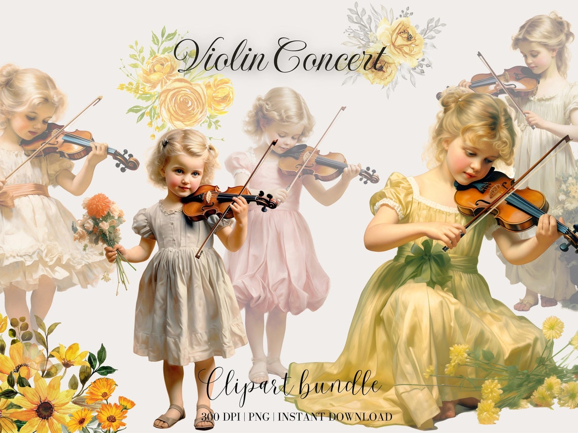 Girl Playing Violin Watercolor Clipart Bundle, Vintage Girl, Music Png ...