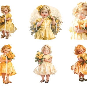 Retro Little Girl in Yellow Dress Watercolor Clipart Bundle Vintage ...