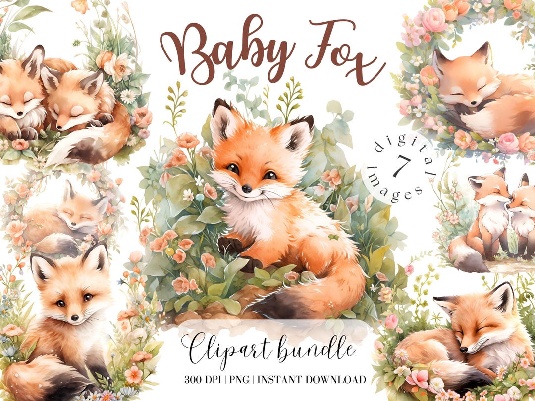 Baby Fox in Flowers Watercolor Animals Clipart Bundle Cute Nursery ...