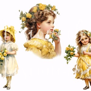 Vintage Little Girl in Yellow Dress Clipart Bundle Watercolor Girl With ...