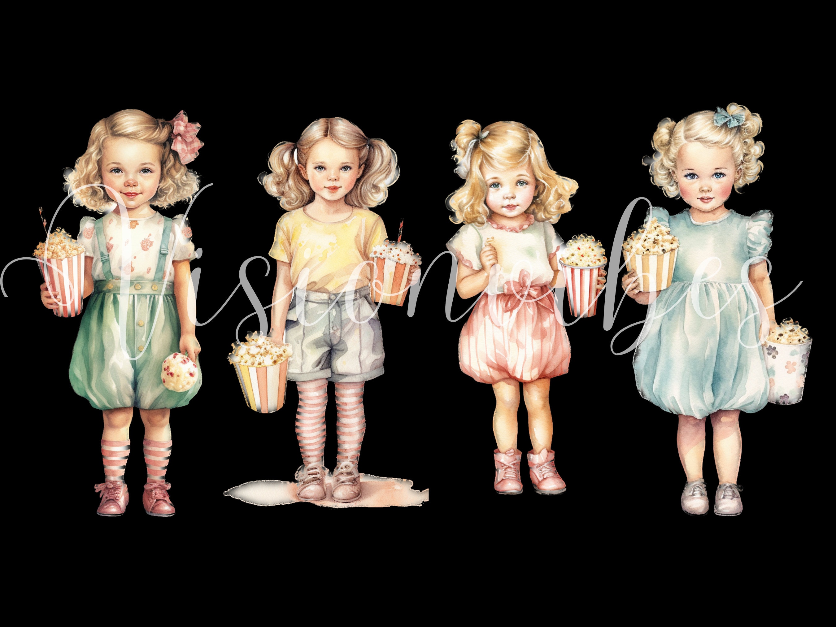 Girl With Popcorn Clipart Bundle Watercolor Clipart Retro Girl Clipart ...
