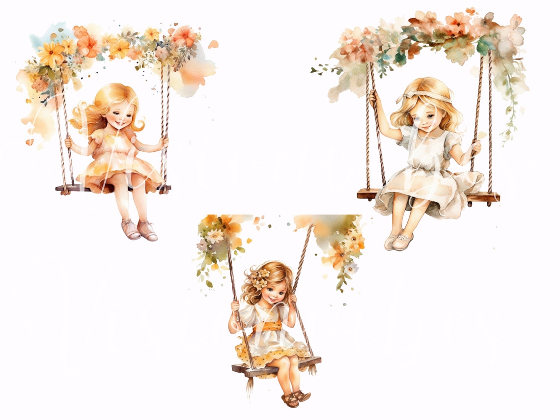 Girl on Swing Watercolor Clipart Girl on Swing Digital - Etsy
