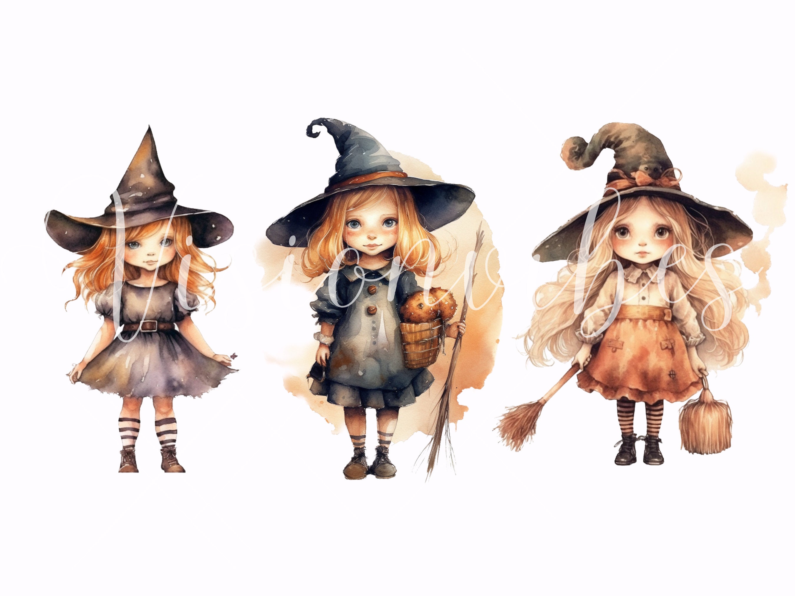 Little Witch Clipart Bundle Watercolor Witch Clipart Cute Halloween ...