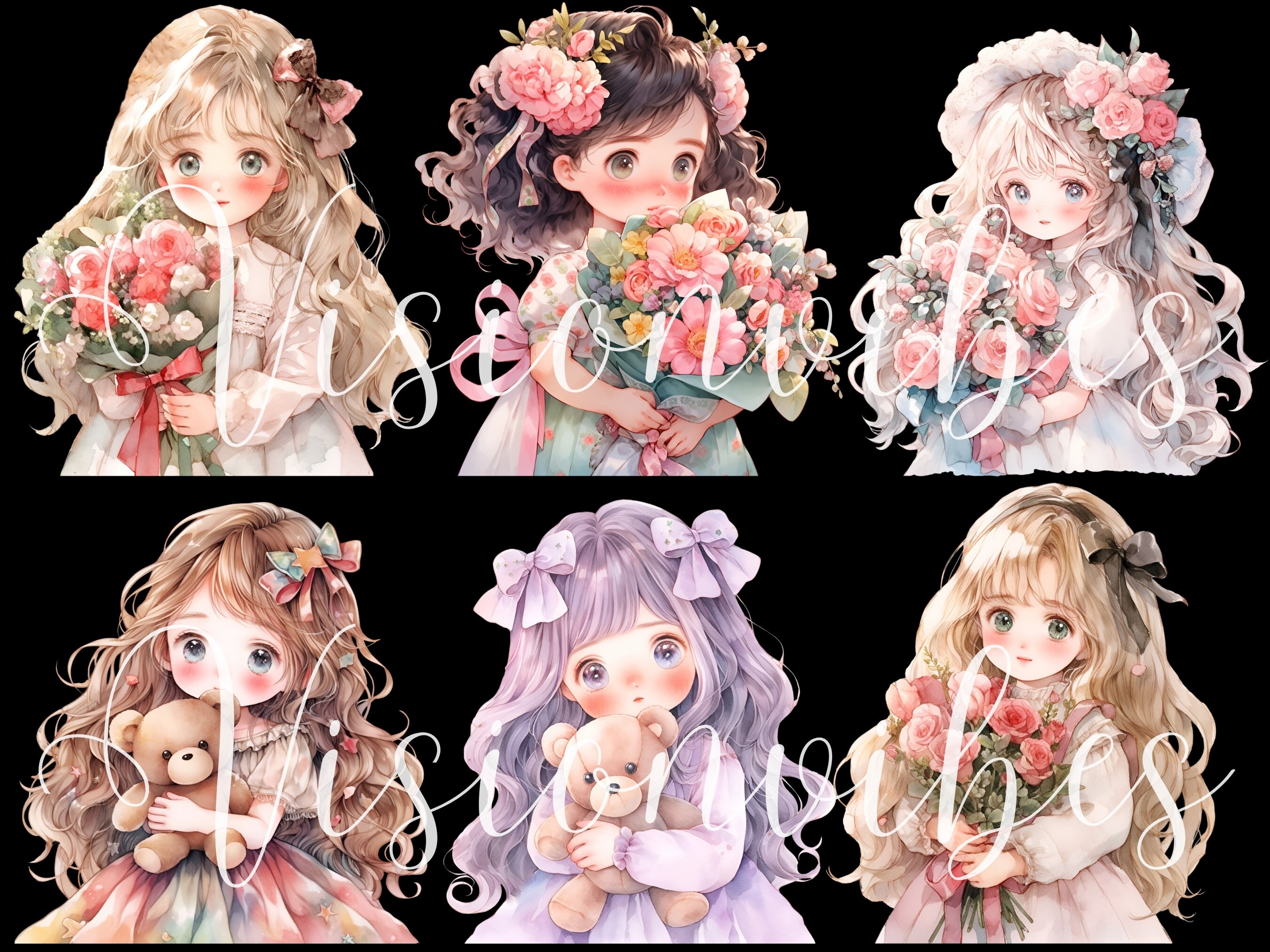 Cute Little Girl Clipart Watercolor Girl Clipart Bundle Floral Girl ...