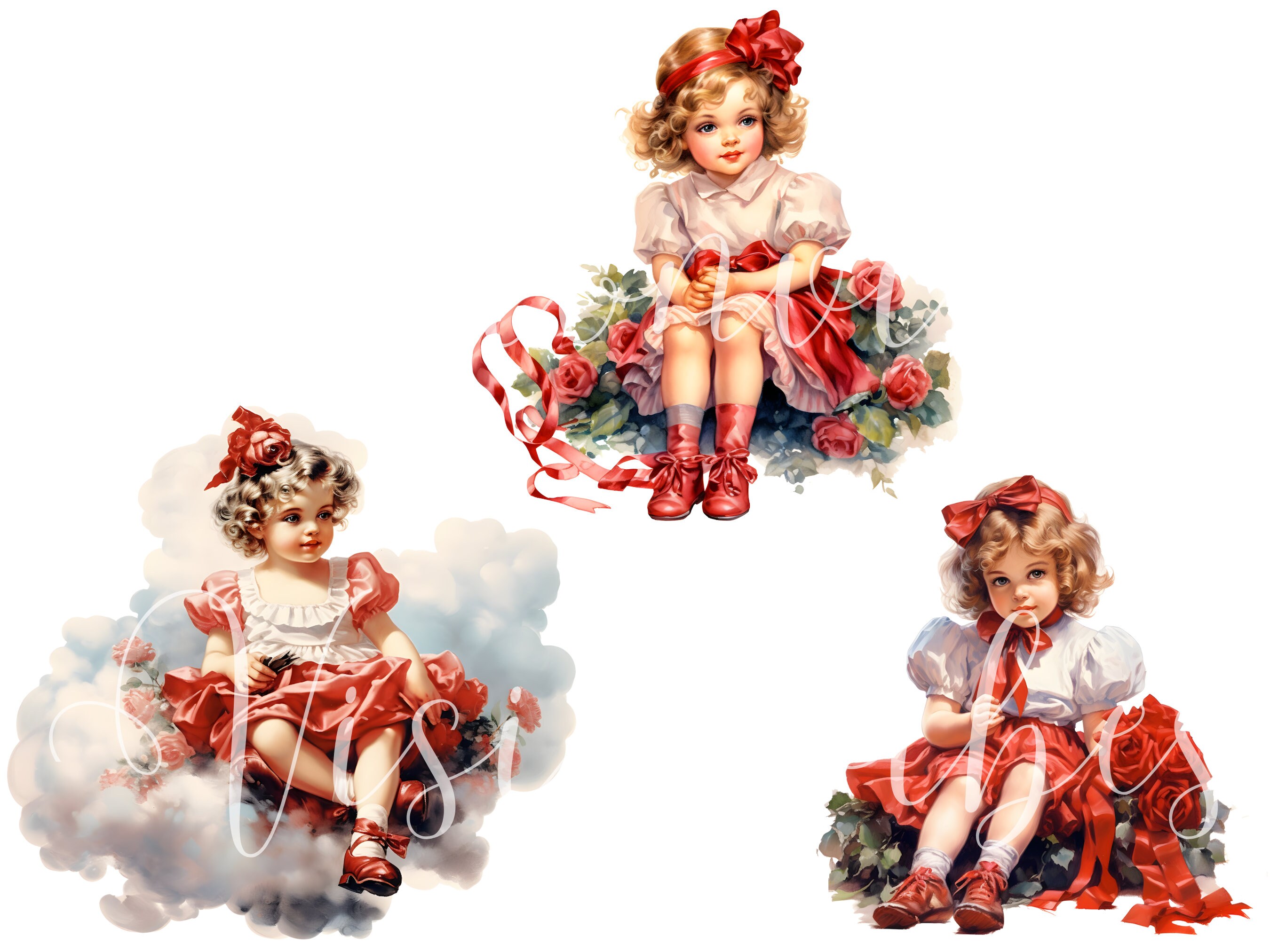 Vintage Girl With Ruby Red Roses Clipart Bundle Clouds Clipart - Etsy ...