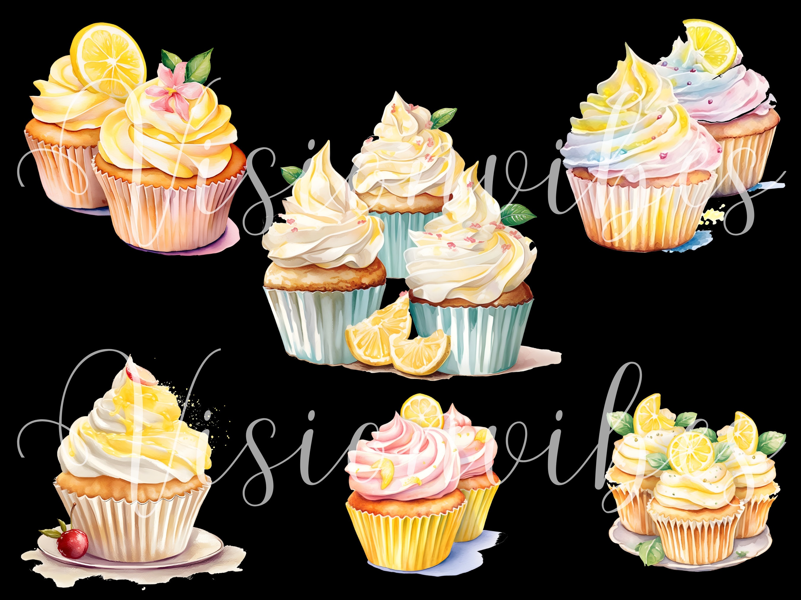 Watercolor Lemon Cupcakes Clipart Bundle Baking Sublimation Design ...