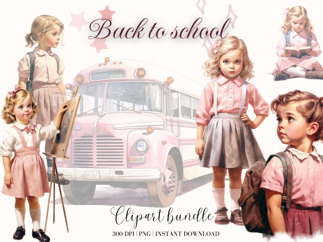 Back to School Clipart Bundle Watercolor Retro School Girl Digital ...
