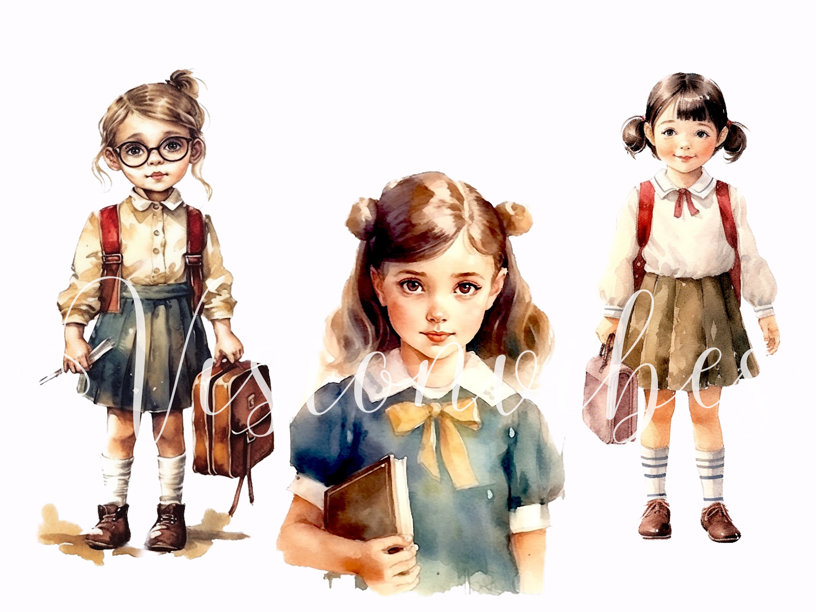 Retro Girl Clipart Bundle Watercolor Retro School Girl Digital - Etsy
