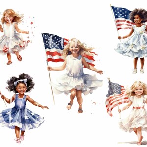 4th of July Clipart Watercolor Girl With American Flag Patriotic ...