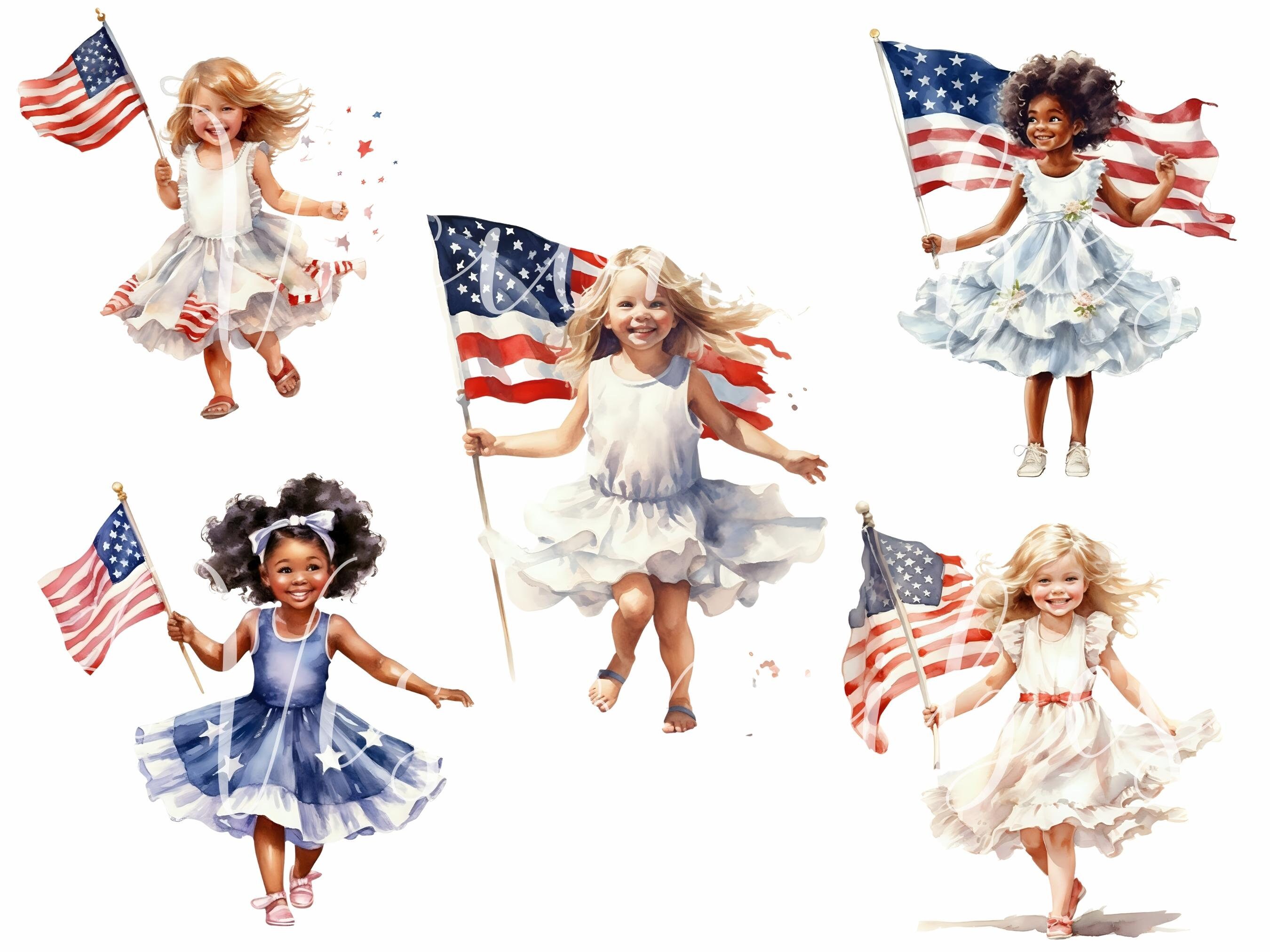 4th of July Clipart Watercolor Girl With American Flag Patriotic ...