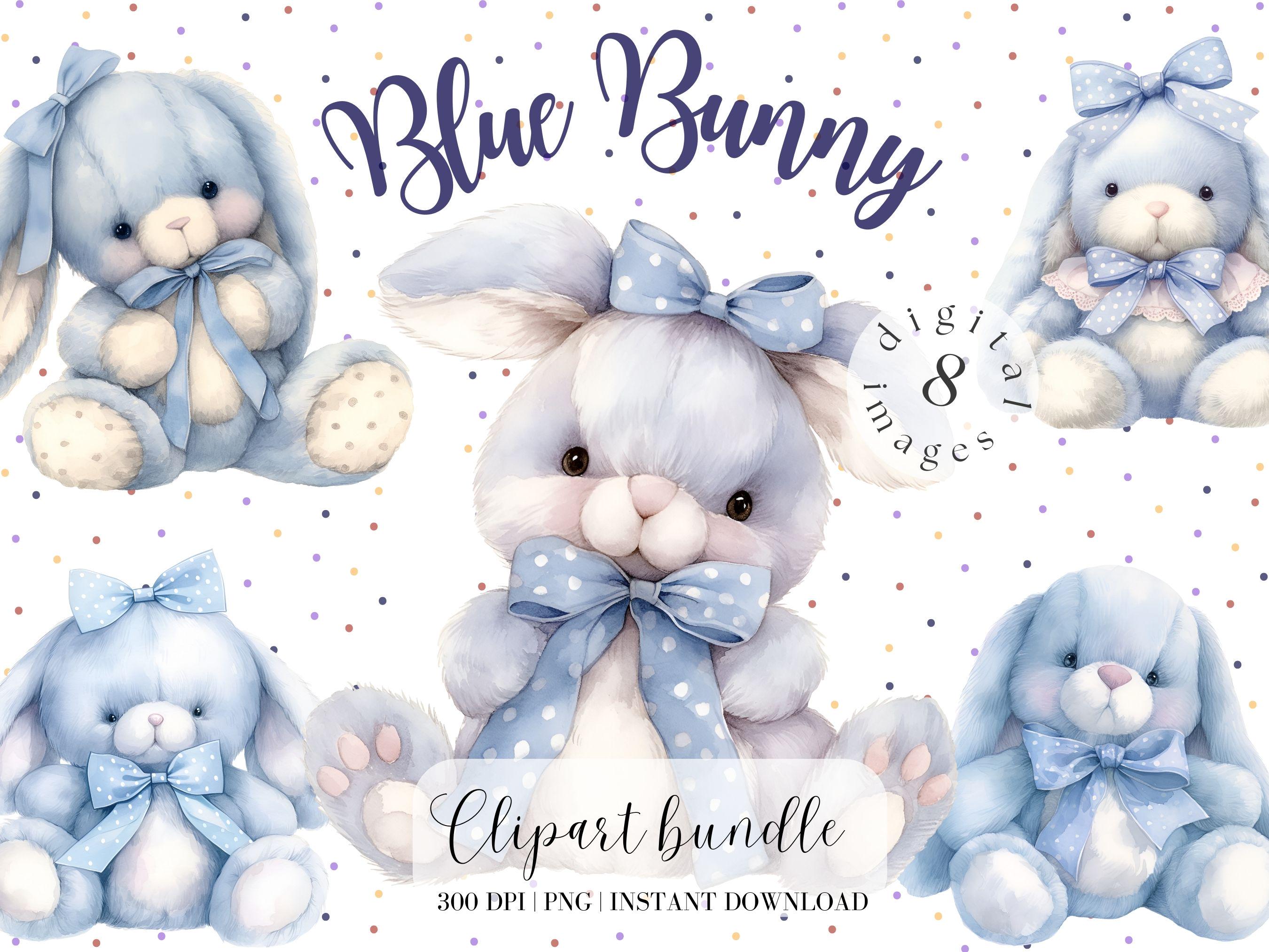 Blue Bunny Clipart Bundle Baby Rabbit Watercolor Boy Nursery Digital ...