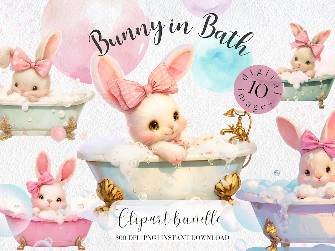Stuffed Bunny in Vintage Bath Clipart Bundle Watercolor Rabbit Pink ...