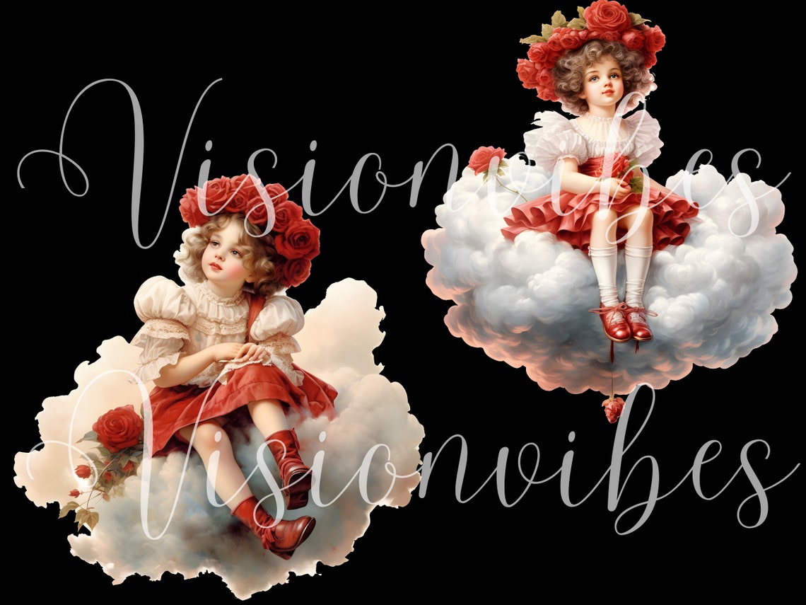 Vintage Girl With Ruby Red Roses Clipart Bundle Clouds Clipart - Etsy ...