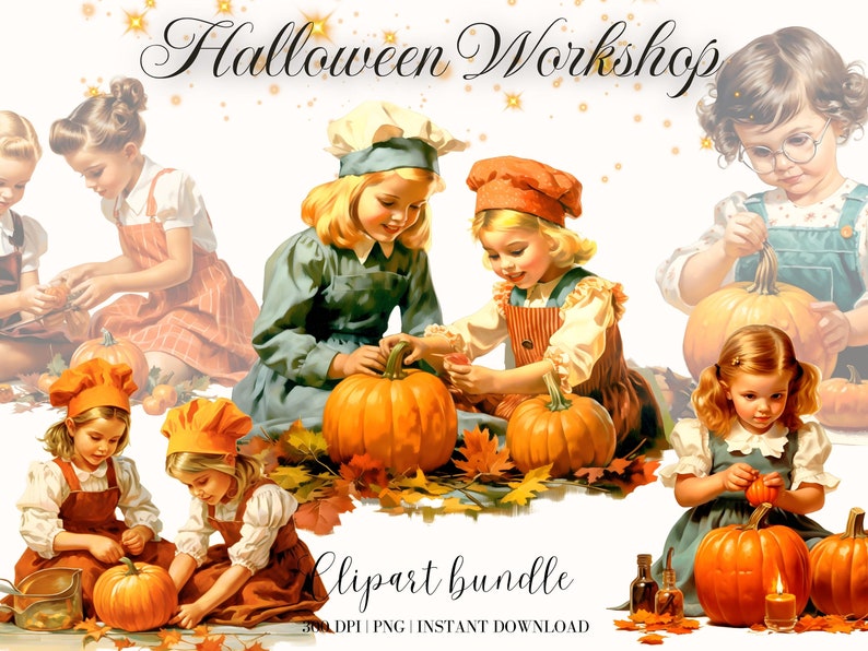 Halloween Pumpkin Workshop Retro Clipart Bundle Retro Girl Clipart ...