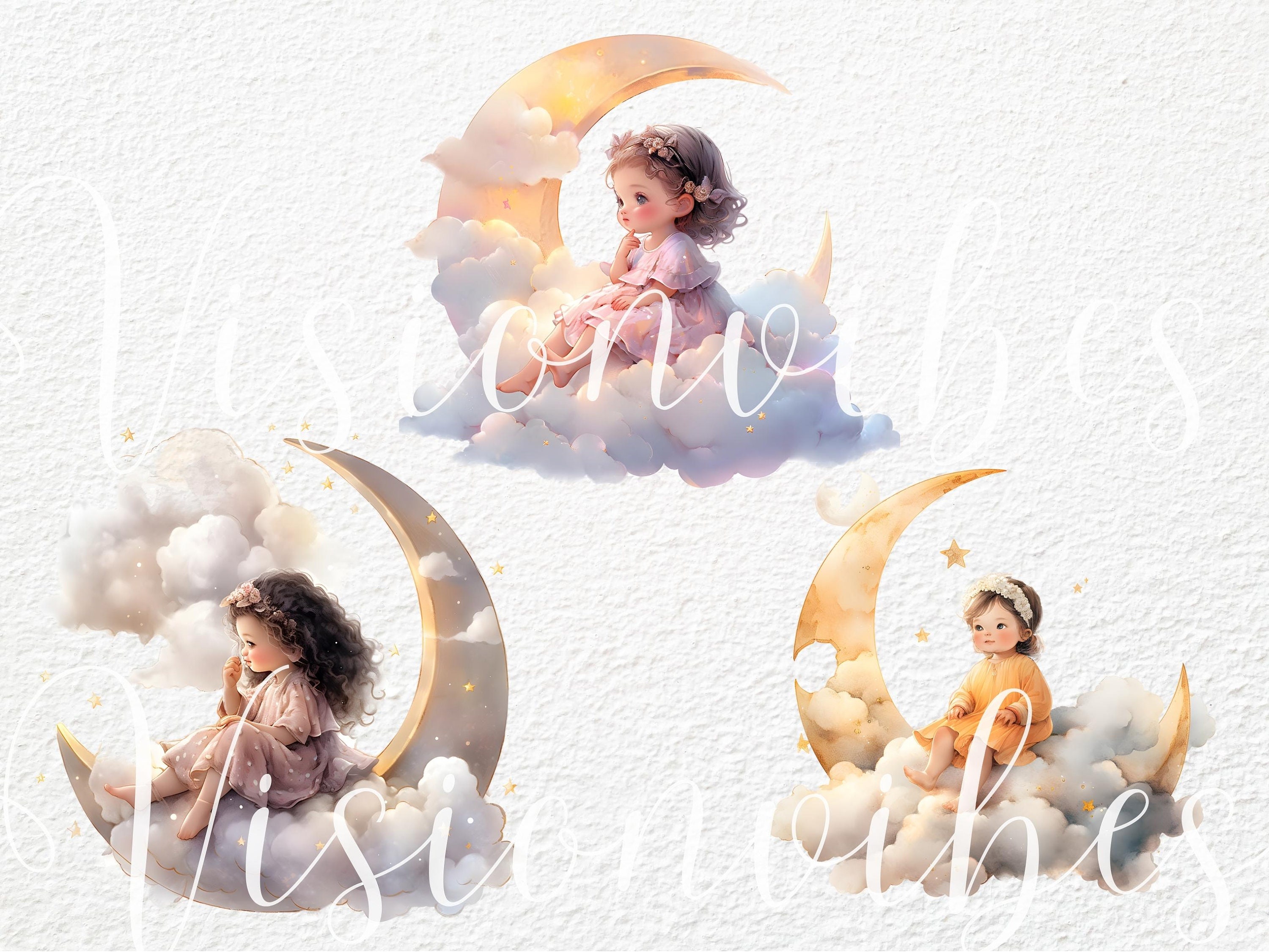 Cute Little Girl in Clouds Clipart Bundle Good Night Clipart Sleepy ...