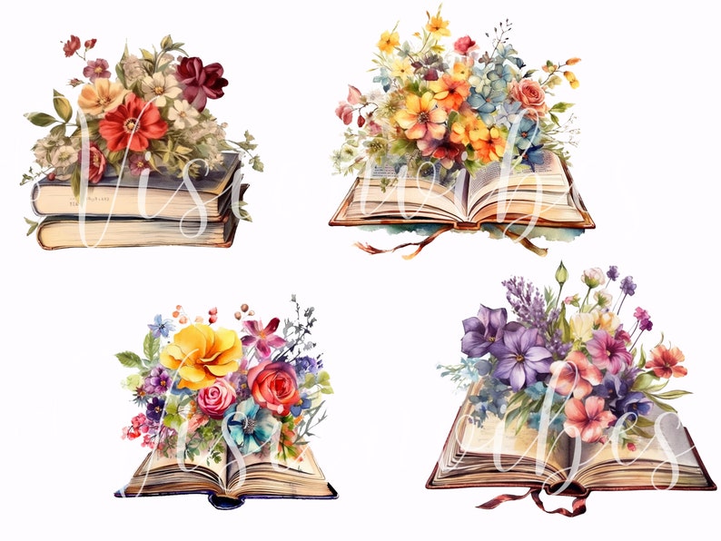 Watercolor Floral Books Clipart Book Clip Art Watercolor - Etsy