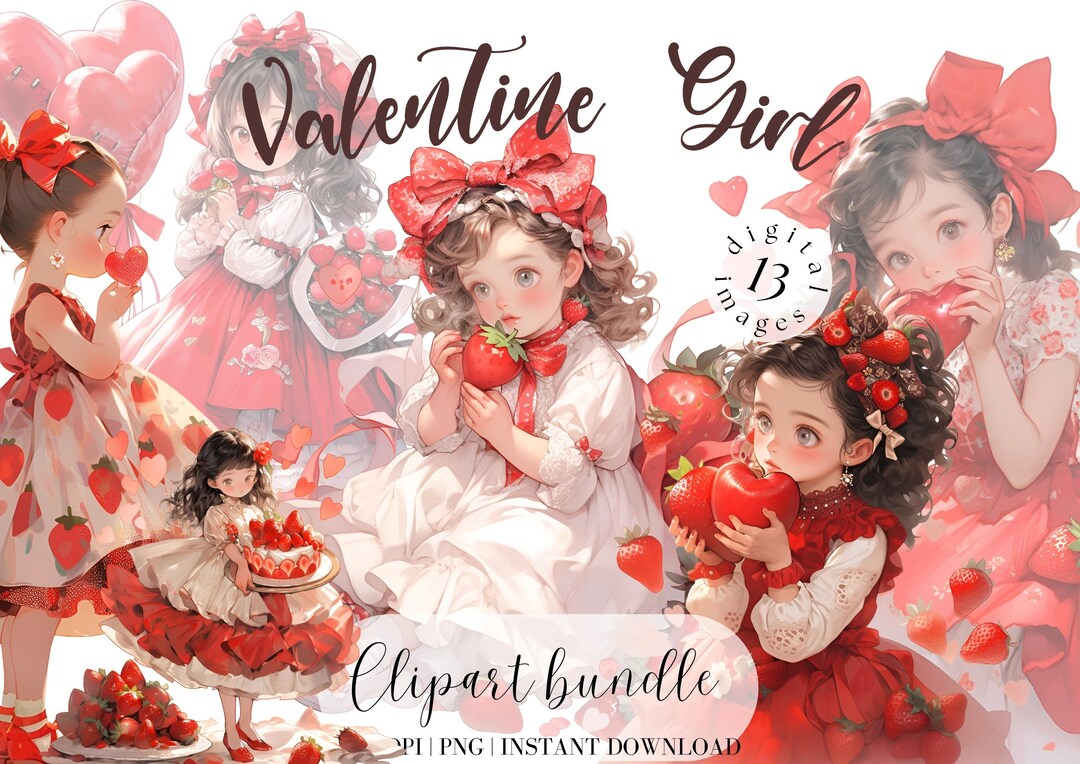 Valentines Day Clipart Bundle Cute Little Valentine Girl With Red ...