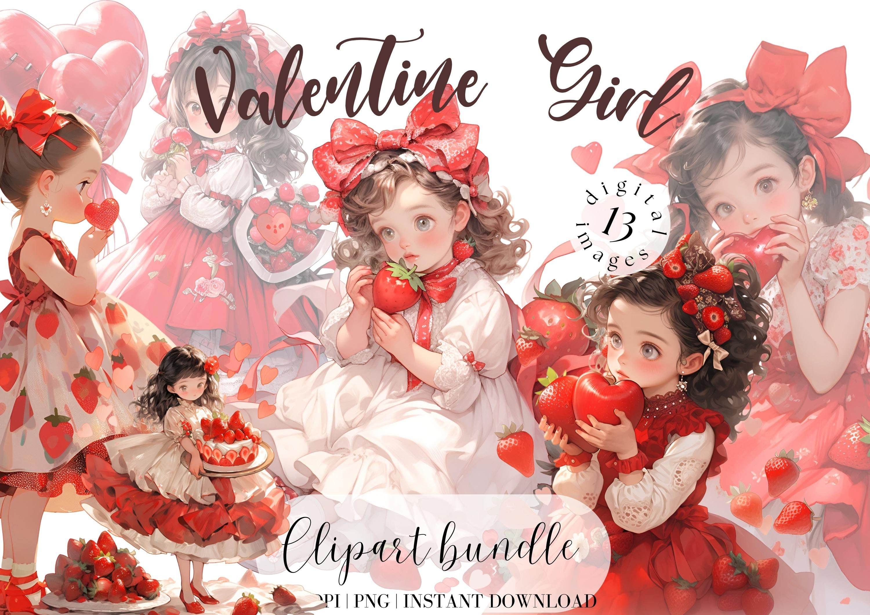 Valentines Day Clipart Bundle Cute Little Valentine Girl With Red ...