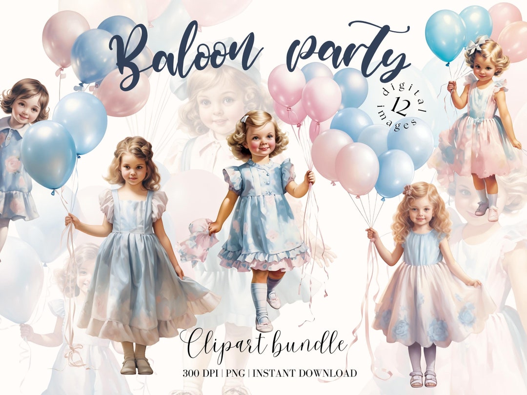 Birthday Balloons Watercolor Clipart Bundle Watercolor Girl in Blue ...