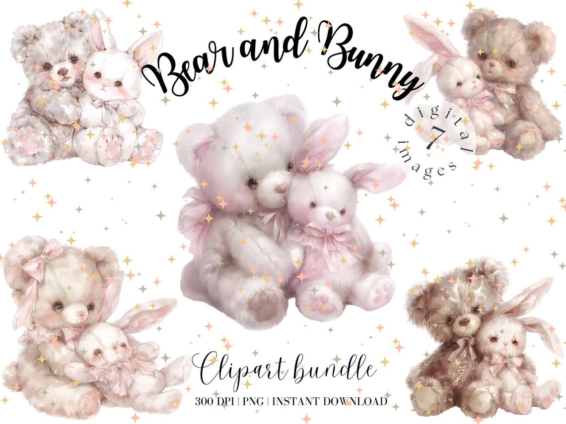 Cute Teddy and Bunny Clipart Bundle White Bears Digital Image Junk ...
