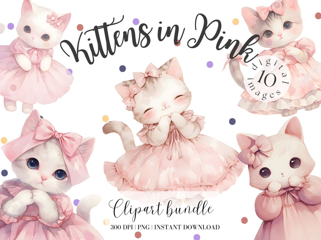 Kawaii Kittens in Pink Dress Watercolor Clipart Bundle Cute Cat ...