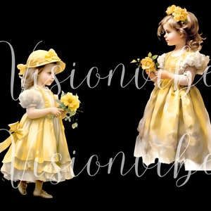 Vintage Little Girl in Yellow Dress Clipart Bundle Watercolor Girl With ...