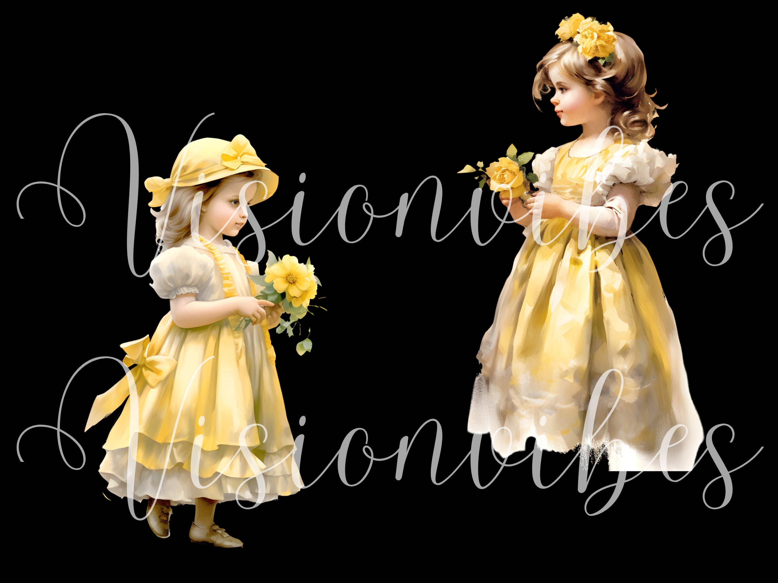 Vintage Little Girl in Yellow Dress Clipart Bundle Watercolor Girl With ...