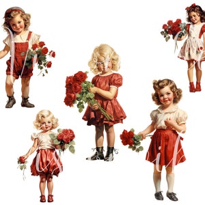 Retro Girl With Red Roses Clipart Bundle Retro Girl Clipart Summer ...